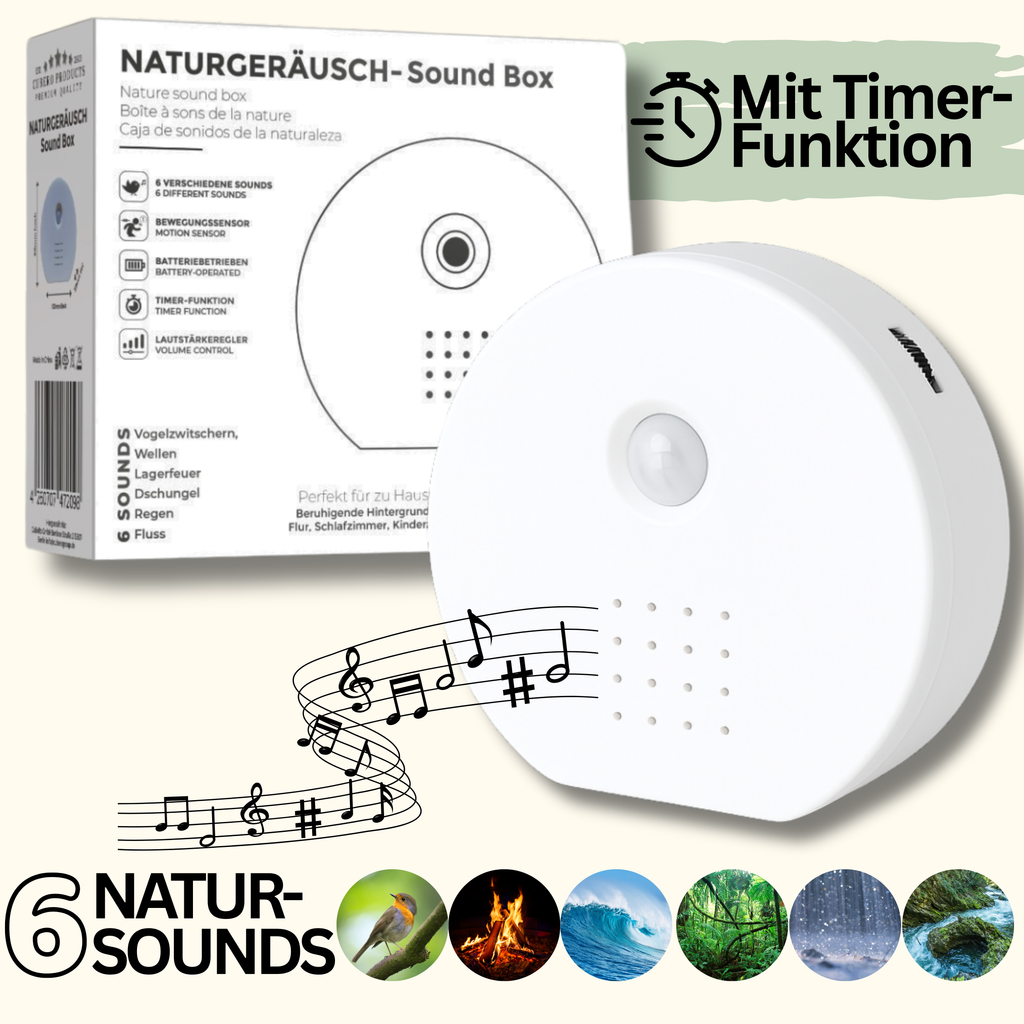 Nature sounds soundbox with motion sensor – 6 soothing sounds, timer